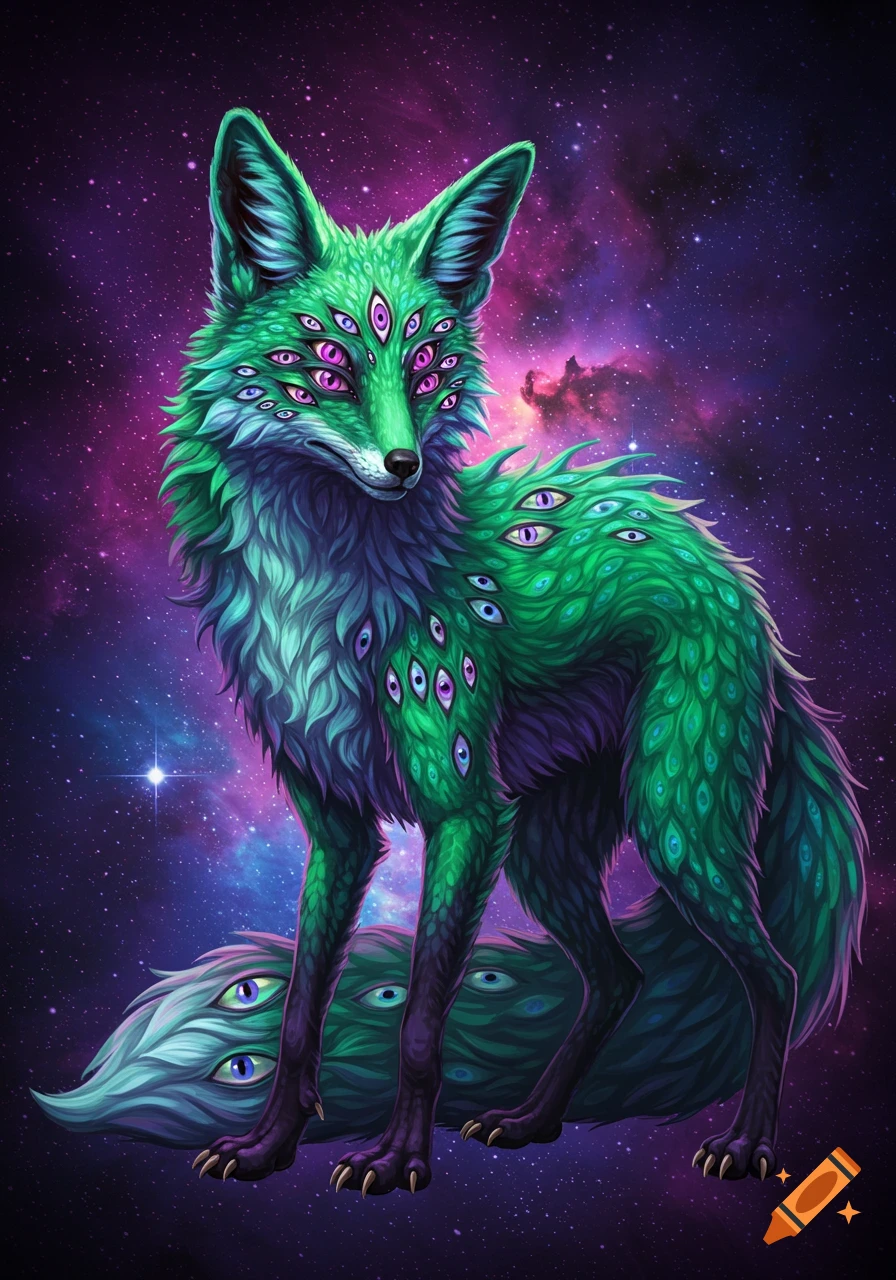 A green fox-like creature covered in many pink and blue eyes stands in ...