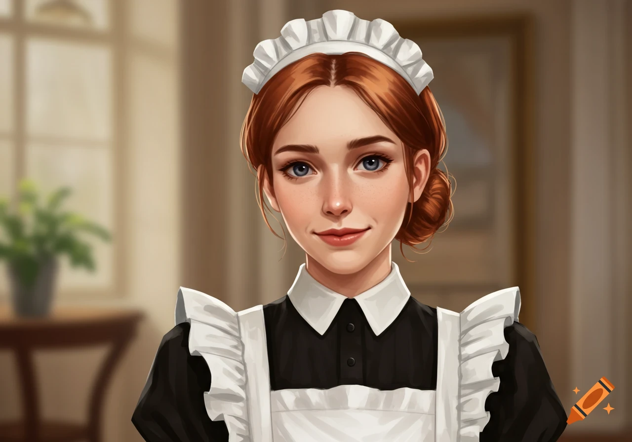 A stylized portrait of a young woman with red hair in a maid outfit. on ...