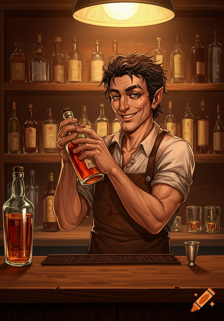 Illustration of a man with pointed ears holding a bottle behind a bar ...