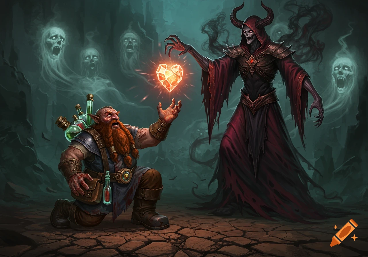 Fantasy illustration of a dwarf and a skeletal demon reaching for a ...