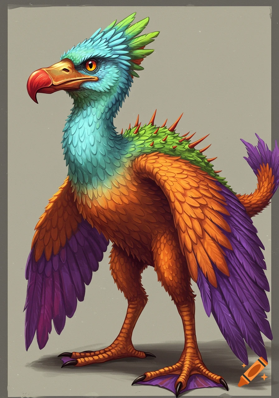 An illustration of a vibrant, spiky bird creature with a red beak, blue ...