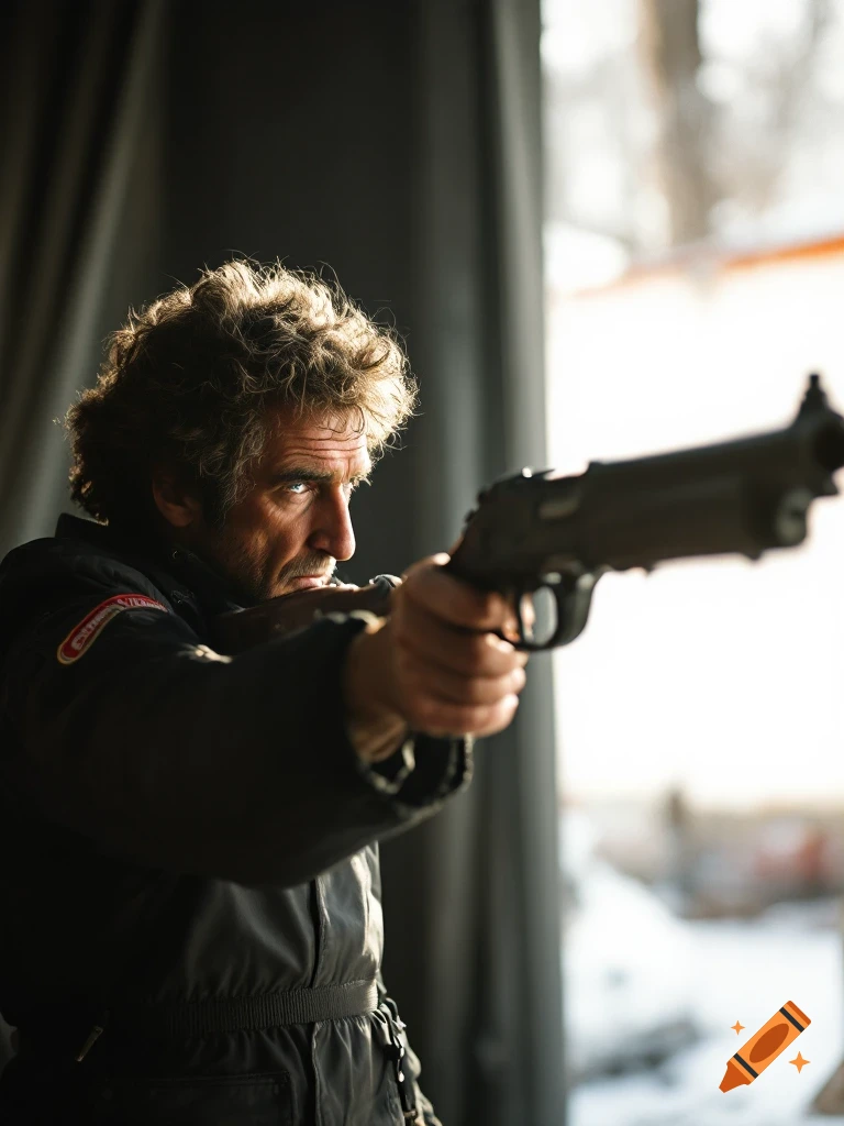 A man aims a gun, looking intently over the barrel. on Craiyon