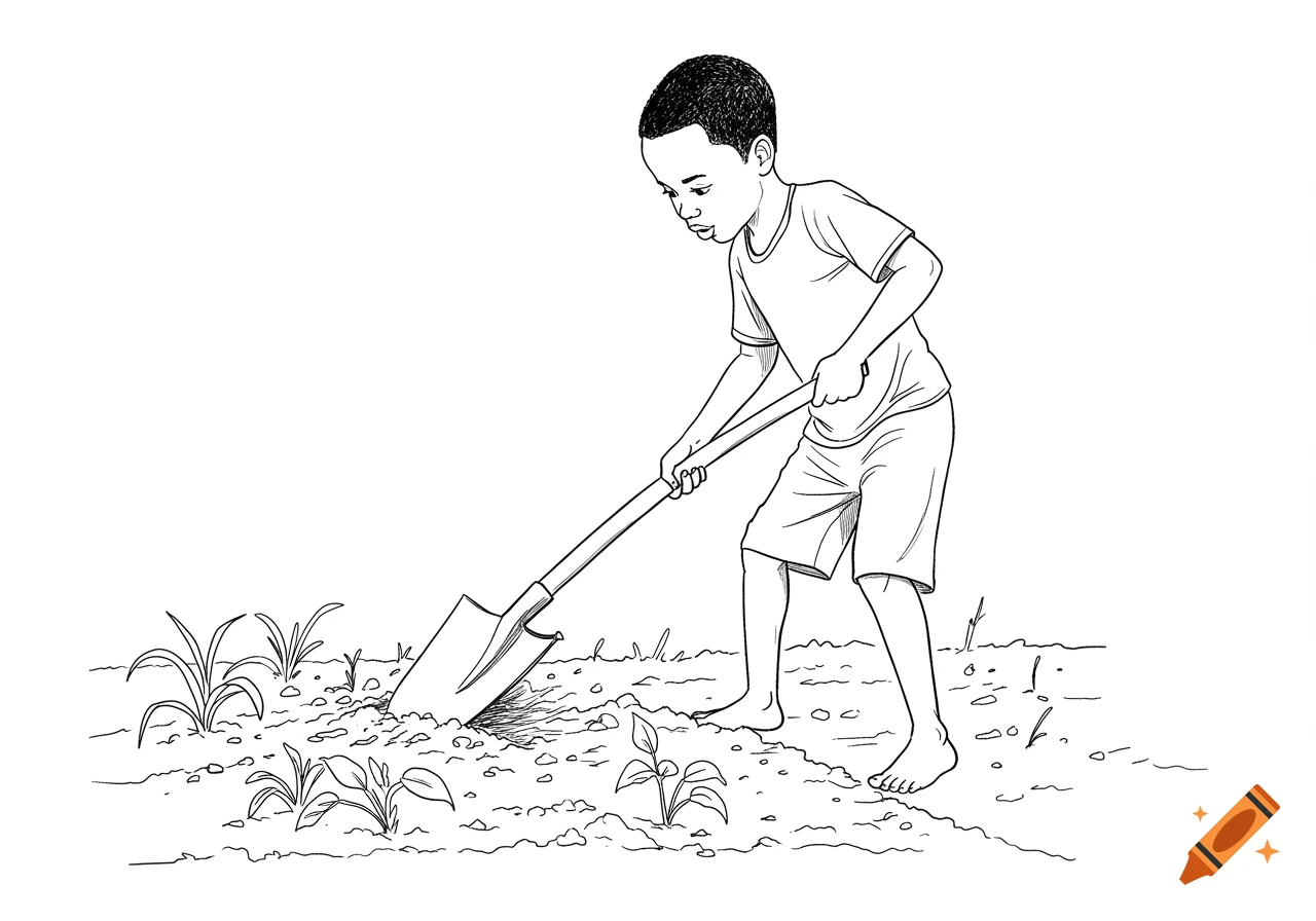 Line art drawing of a young Black boy digging with a shovel in the dirt ...