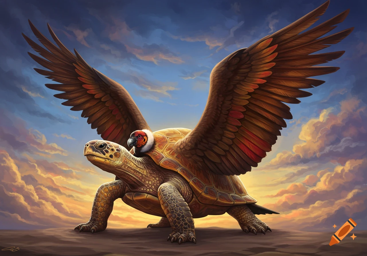 Illustration of a large turtle with condor wings and a bird on its back ...