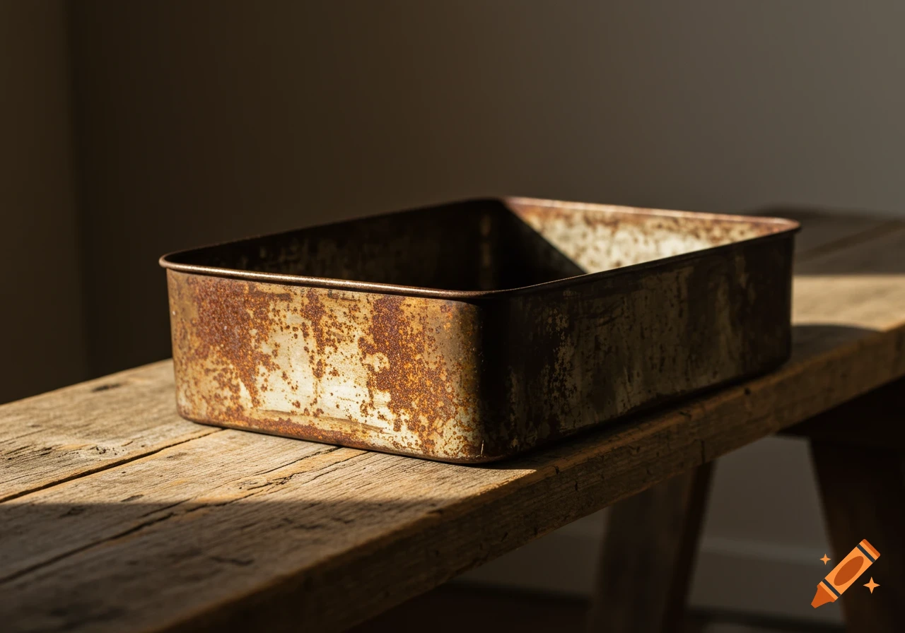 A rusty baking tin sits on a weathered wooden bench in sunlight. on Craiyon