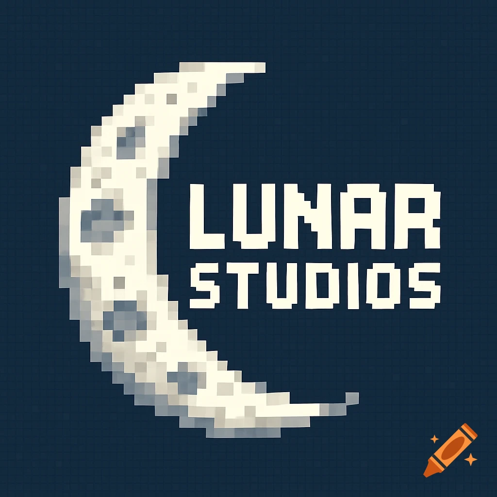 Pixel art logo featuring a crescent moon and the text LUNAR STUDIOS. on Craiyon