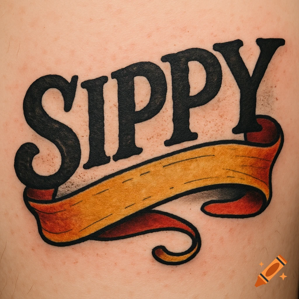 Close-up of a tattoo on skin featuring the word 'SIPPY' on a banner. on ...