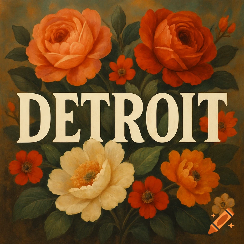 Text "DETROIT" over a bouquet of orange, red, and yellow flowers in a ...