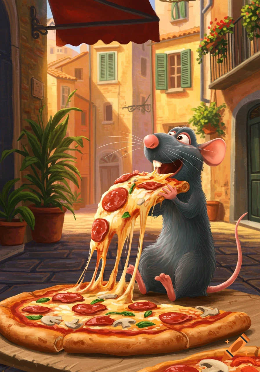 Cartoon rat from Ratatouille eating a large slice of cheesy pizza on an ...