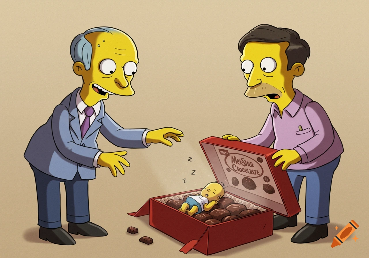 Mr. Burns and Smithers look at baby Homer sleeping in a box of ...