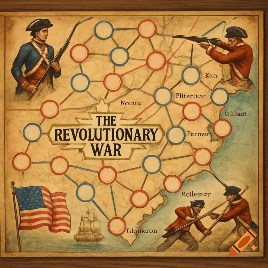 A board game map about the Revolutionary War with illustrations of ...