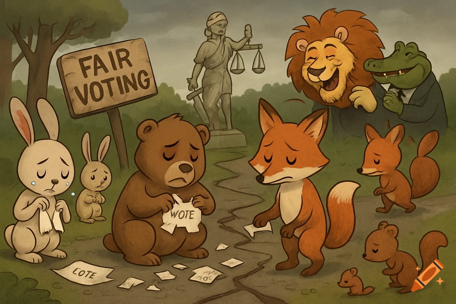 Cartoon animals looking sad around a bent "Fair Voting" sign, with torn ...