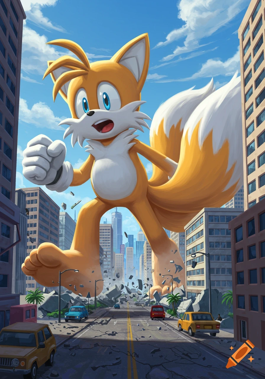 Giant Tails the Fox walks through a city street, destroying buildings ...