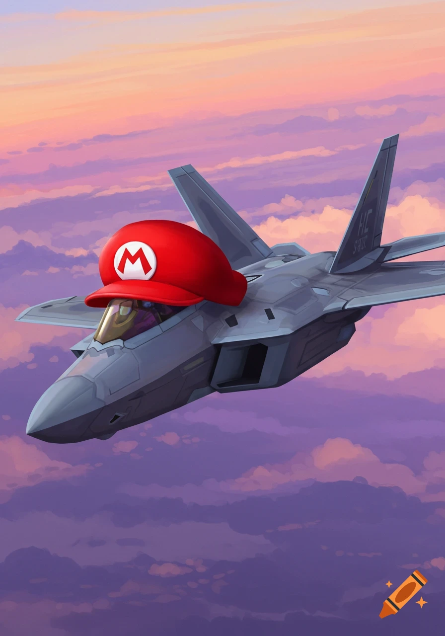 A military jet wearing a red Mario hat flies through a pink and purple ...