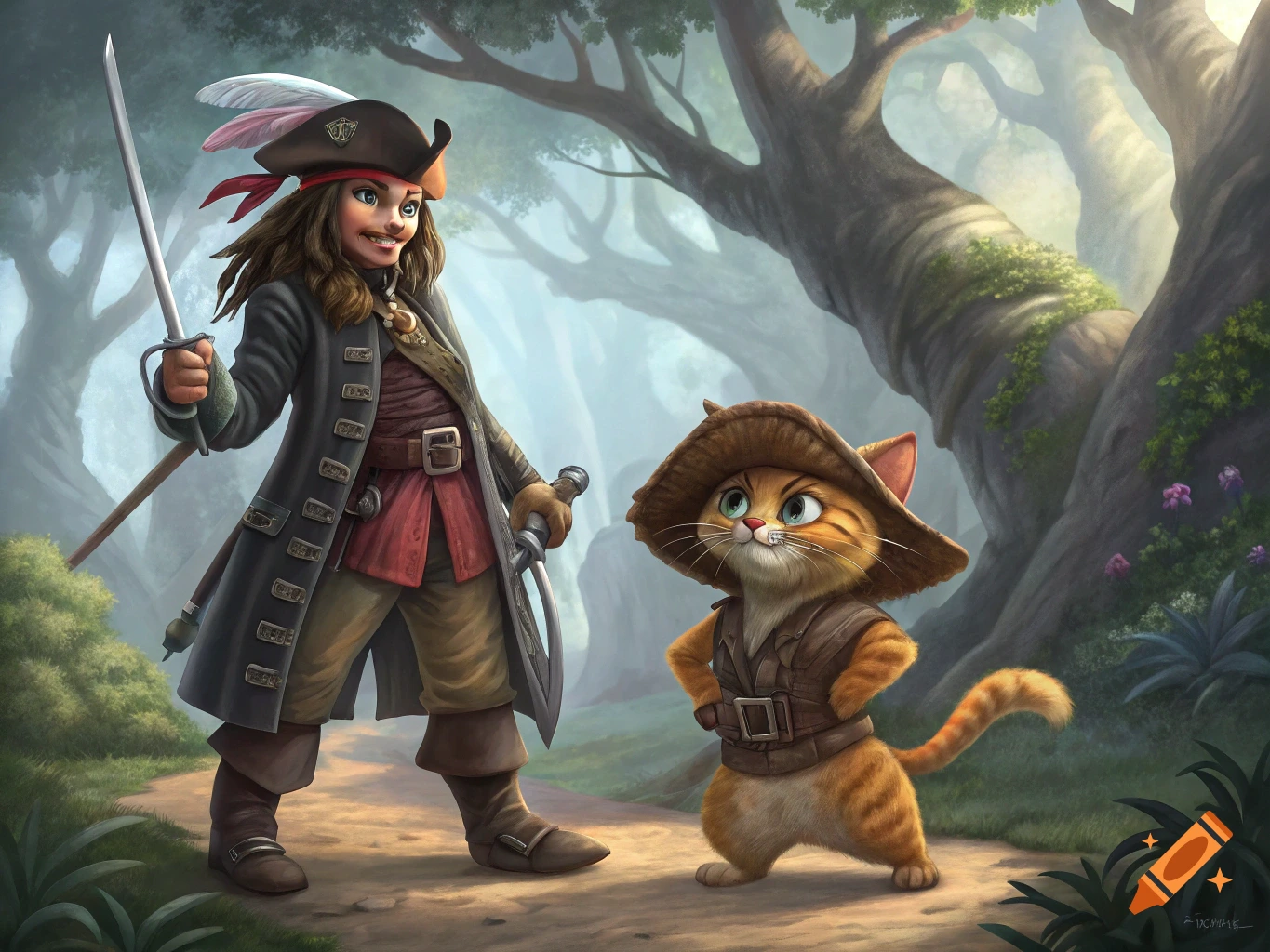 A cartoon-style pirate stands with a sword next to a swashbuckling cat ...