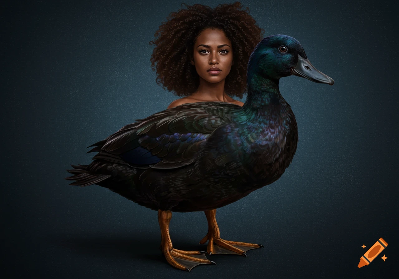 A woman's face is merged onto the body of a black duck. on Craiyon