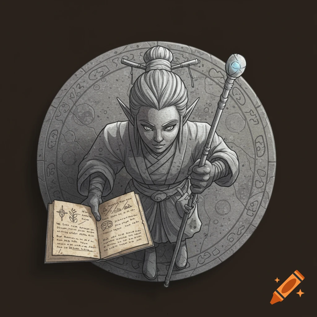 Overhead greyscale drawing of an elven wizard in robes holding an open ...