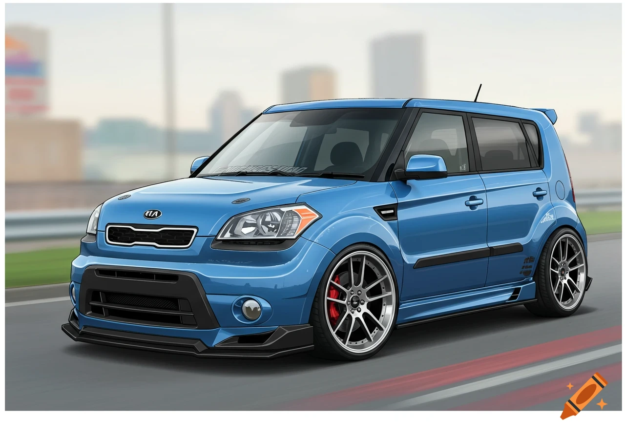 Illustration of a blue modified Kia Soul with custom wheels and body ...
