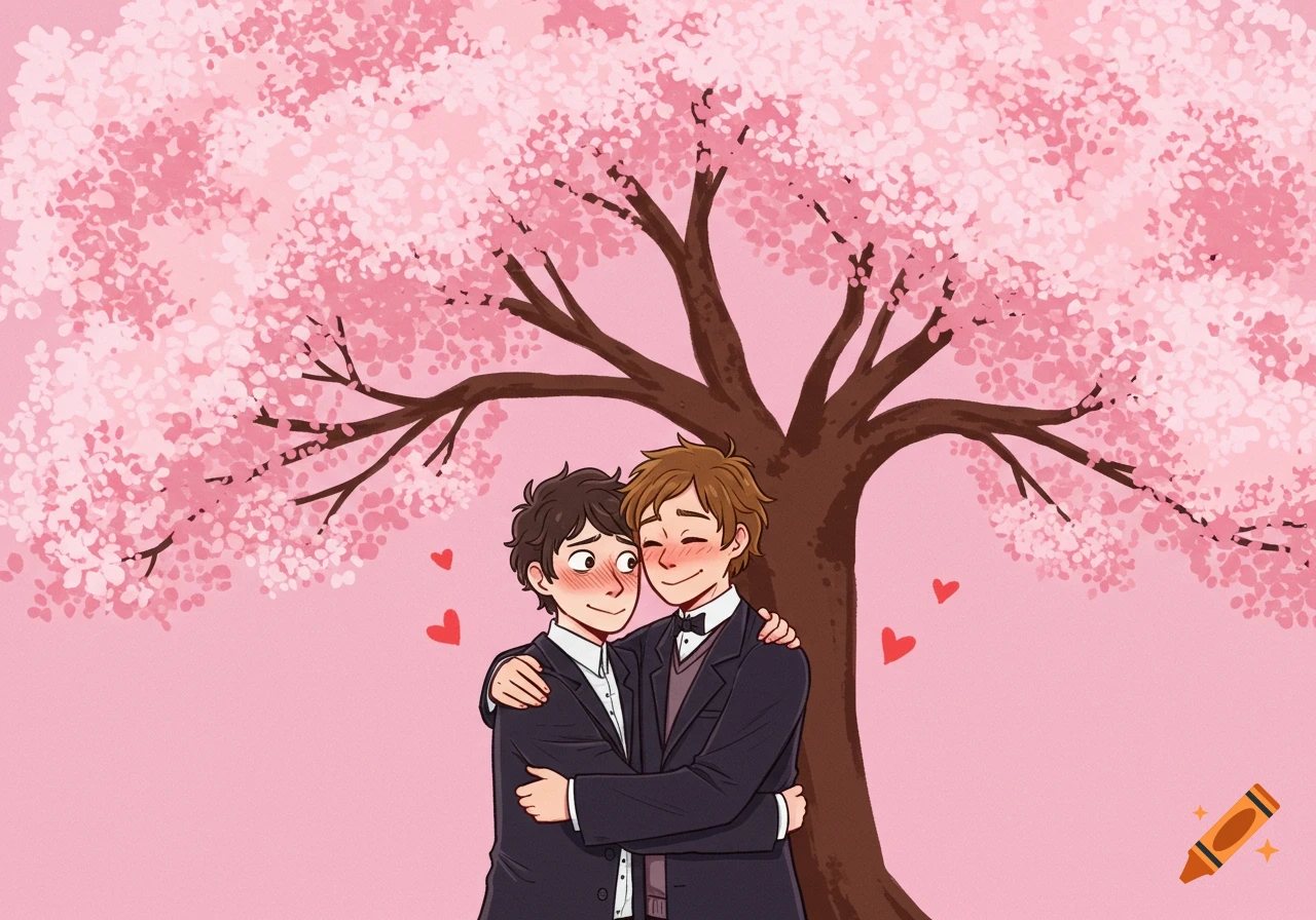 Two men hug under a cherry blossom tree in an illustration. on Craiyon