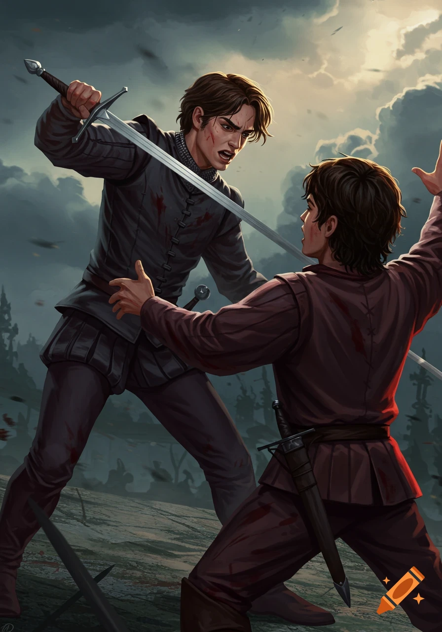 Two men sword fighting intensely in a dramatic, cloudy setting. on Craiyon