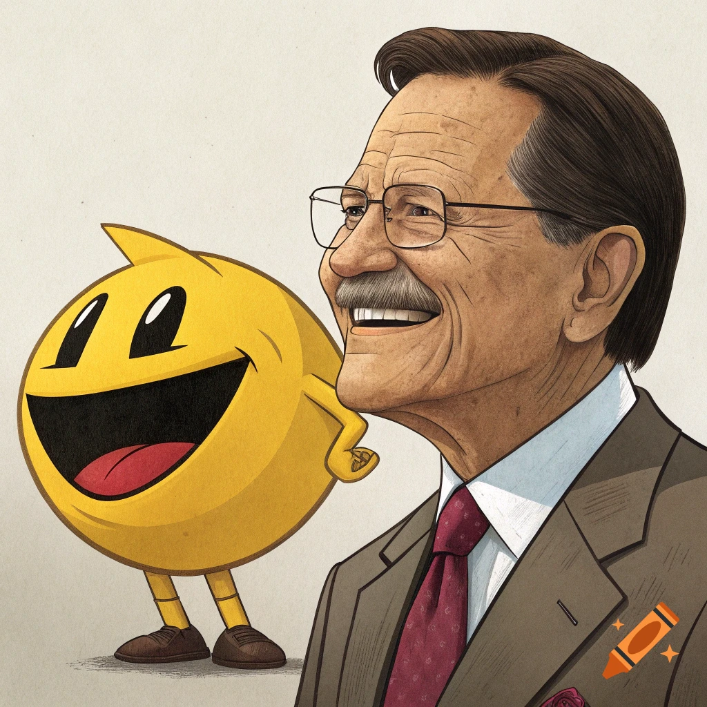 Cartoon Pac-Man character stands next to a man resembling Kenneth ...