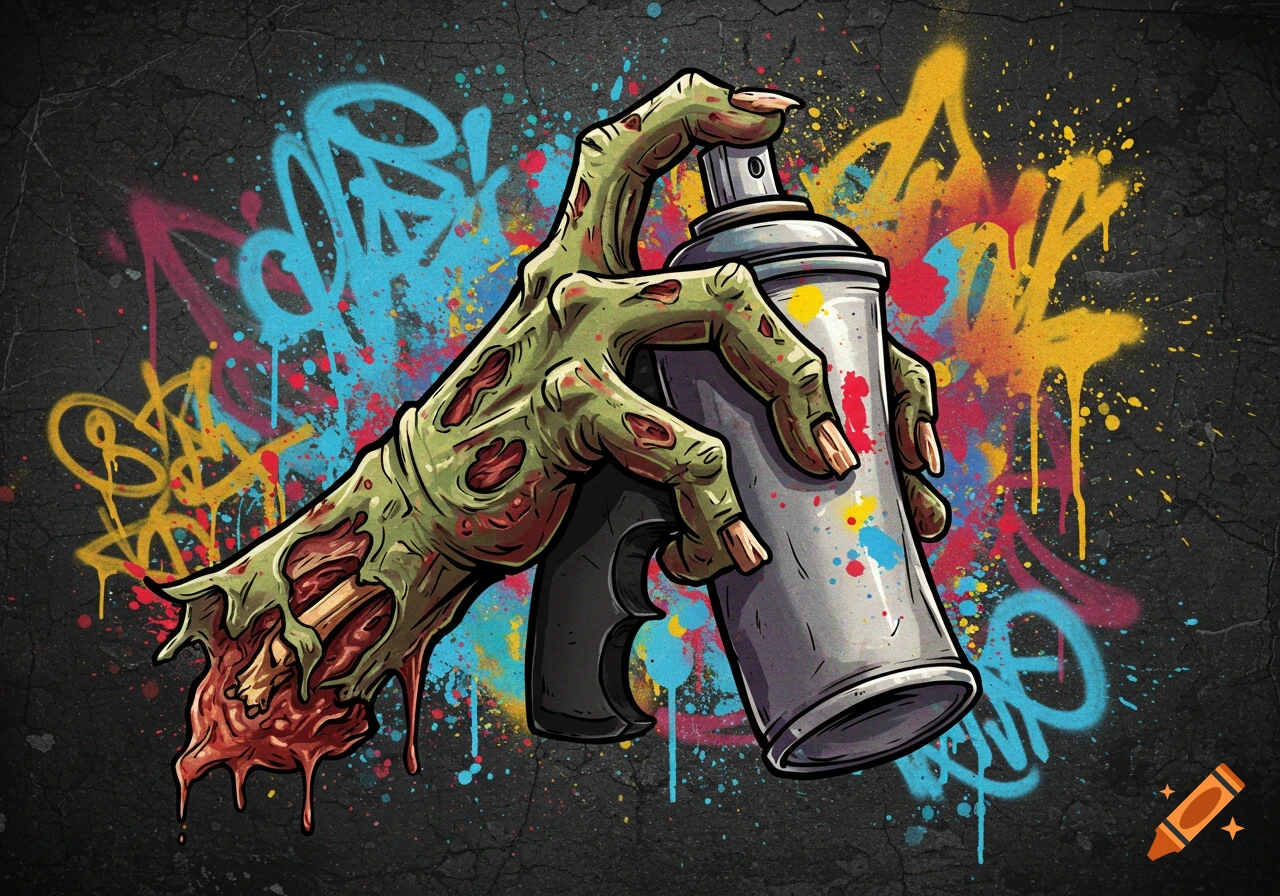 A stylized zombie hand holding and spraying a can of graffiti paint ...