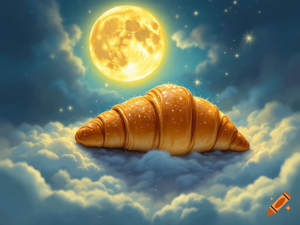 A giant croissant floats on clouds under a full moon and stars in a ...