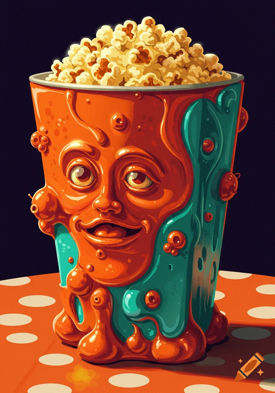 A stylized orange and teal popcorn bucket with a face on a polka dot ...