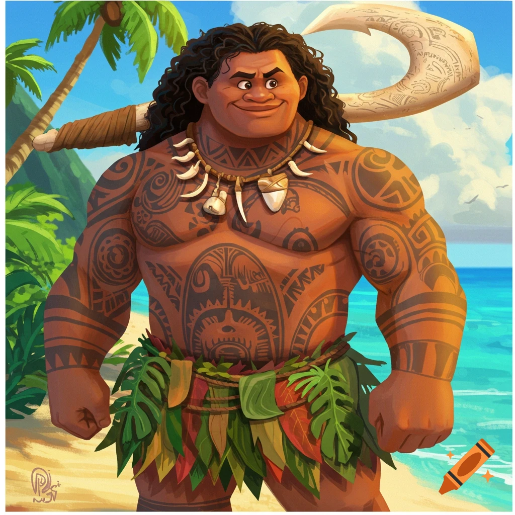 Cartoon illustration of Maui from Moana on a beach, covered in tattoos ...