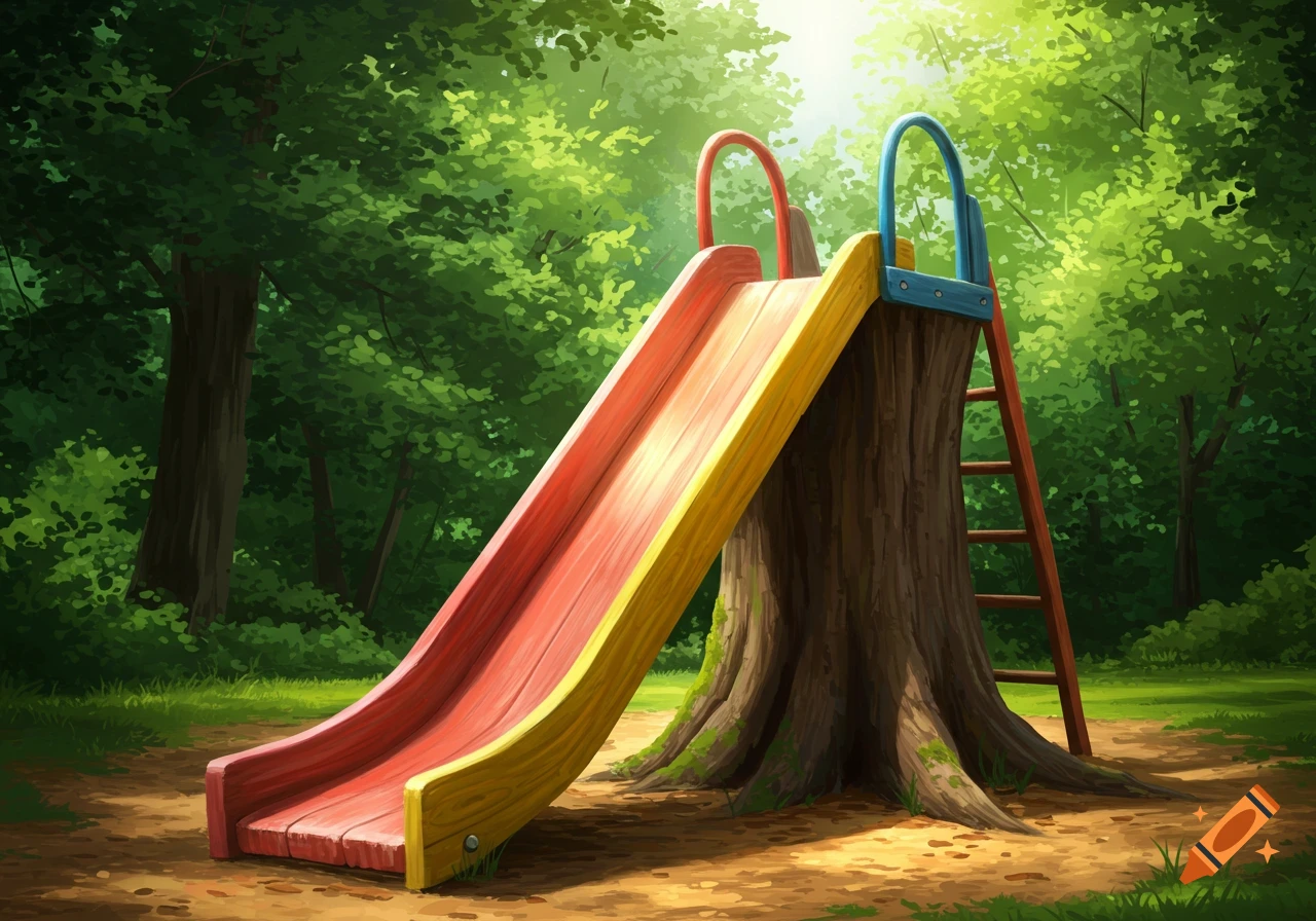 A colorful red and yellow slide built onto a large tree stump in a ...