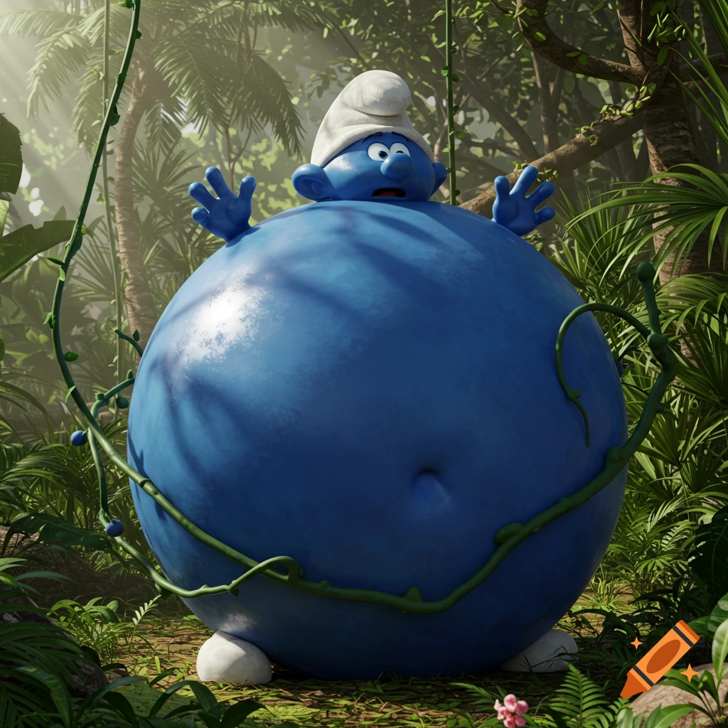 A Smurf inflated into a giant blueberry in a lush jungle, 3D render. on ...