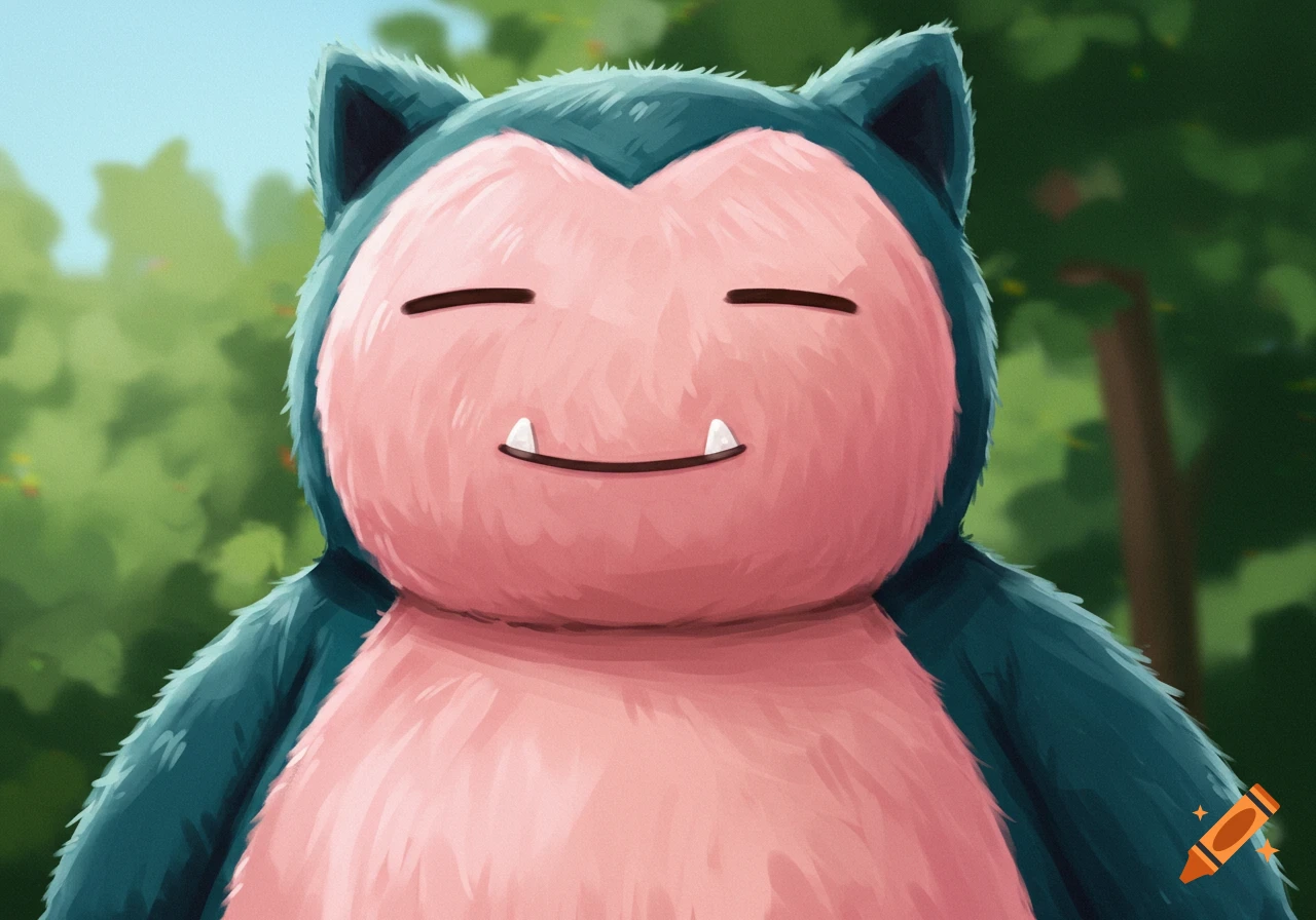 Close-up illustration of Snorlax smiling with eyes closed in a forest ...