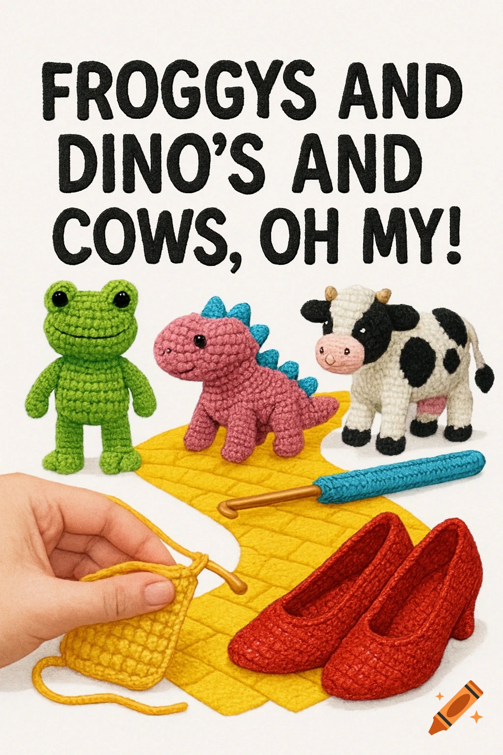 Crochet frog, dinosaur, and cow on a yellow brick road with crochet ...