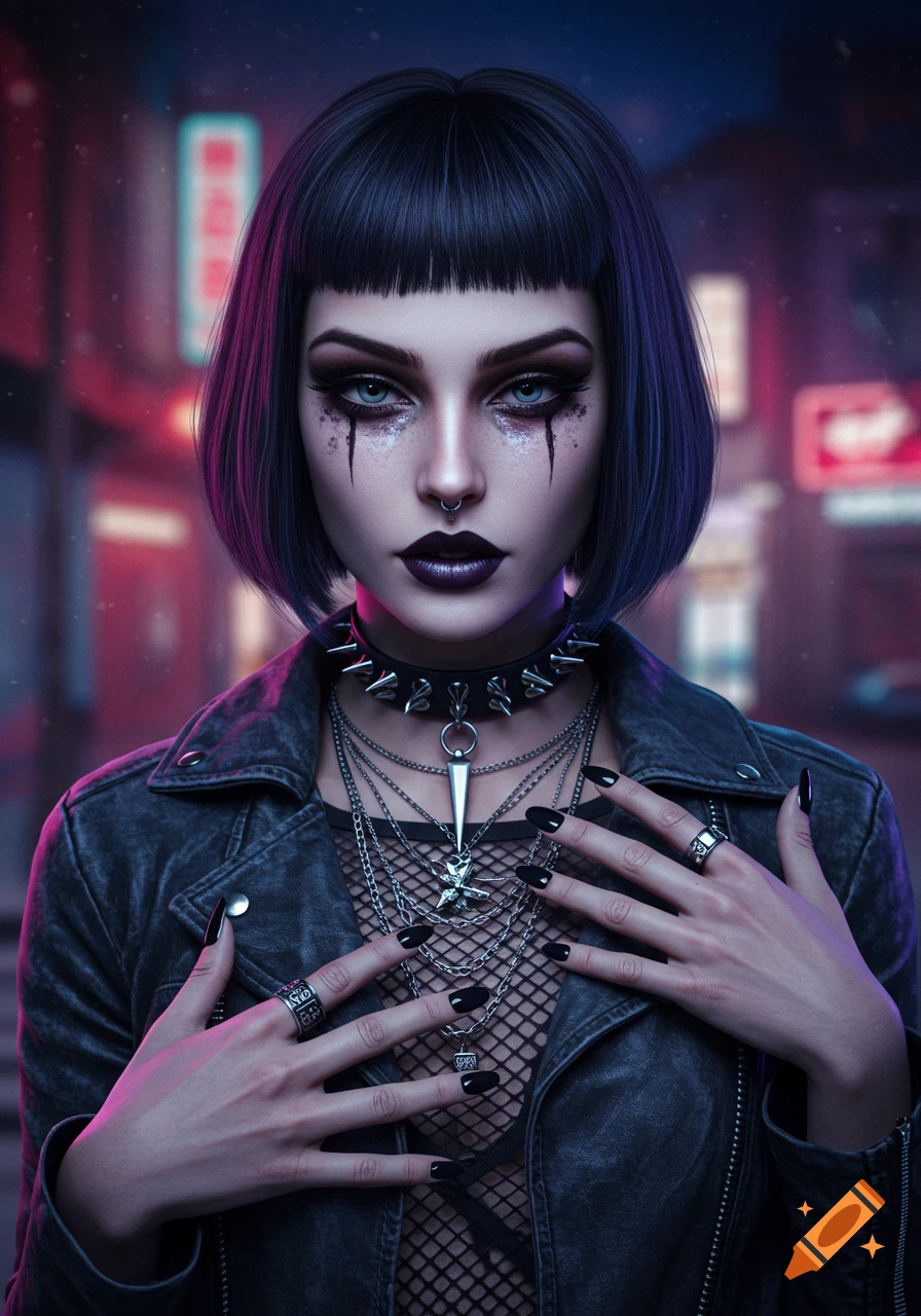 Digital portrait of a young woman with goth makeup, dark hair, leather ...