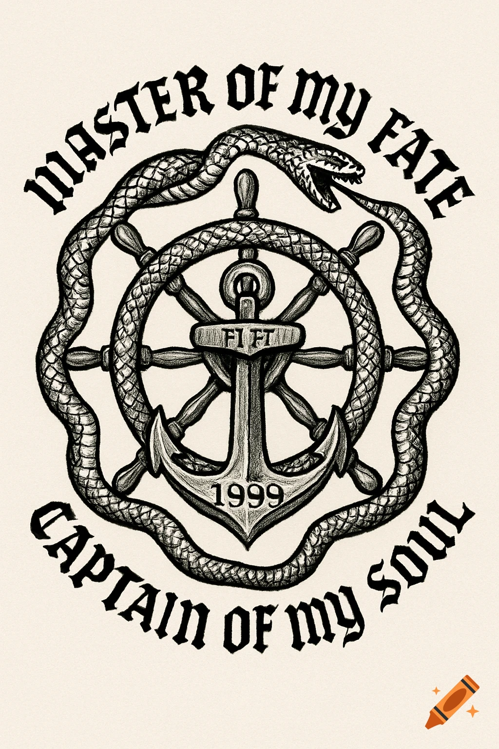 Sketch of a ship's wheel and anchor encircled by a snake, with text ...