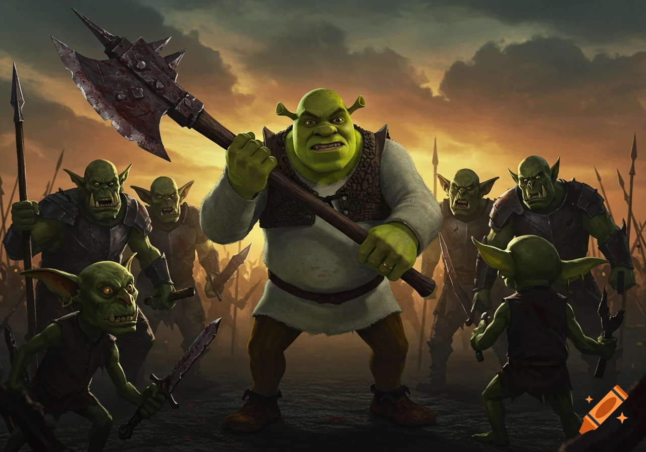 Shrek holds a large axe and leads a group of ogres and goblins into ...