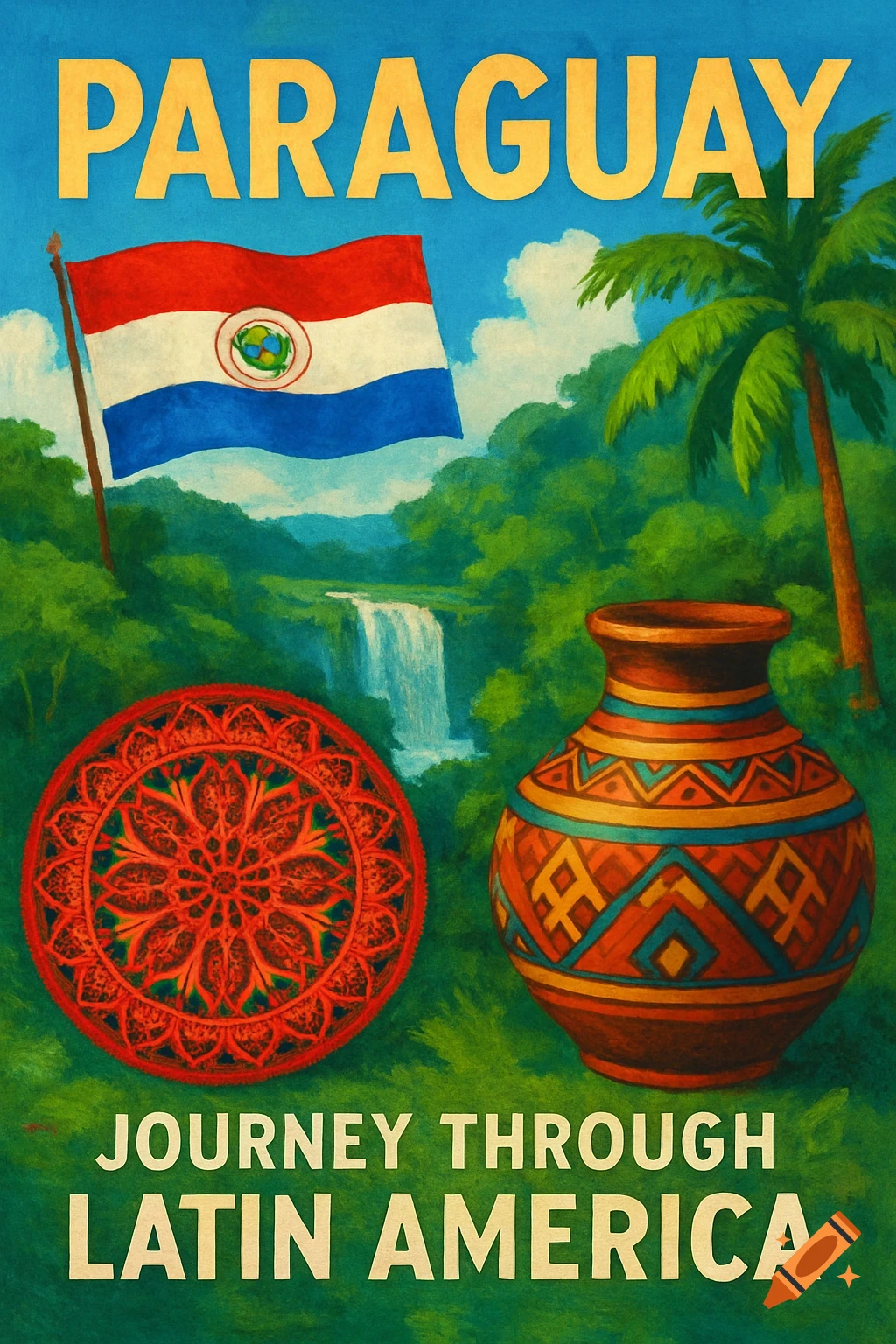 Paraguay travel poster with flag, traditional vase, mandala, waterfall ...