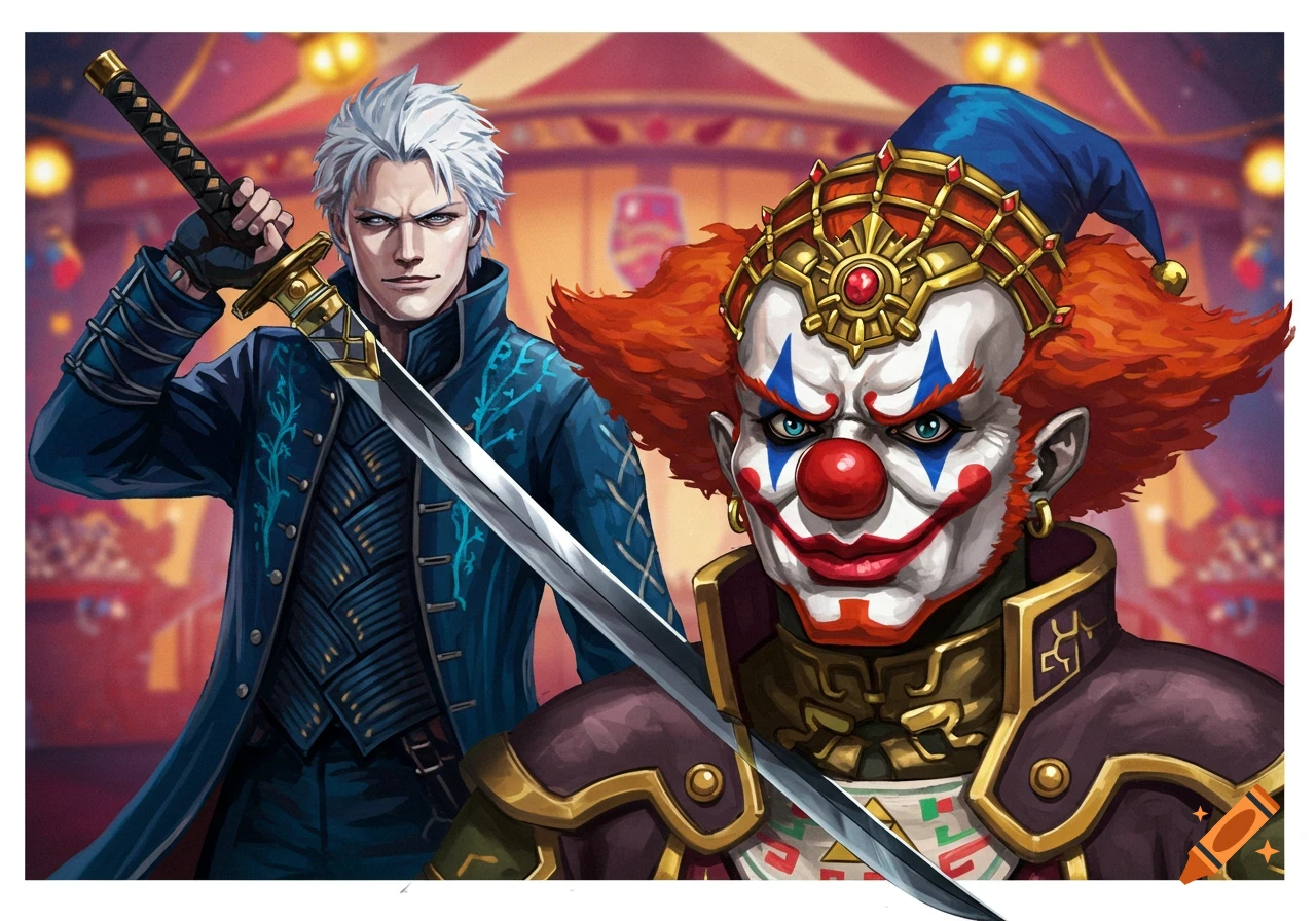 A white-haired man with a sword stands next to a creepy clown in ornate ...