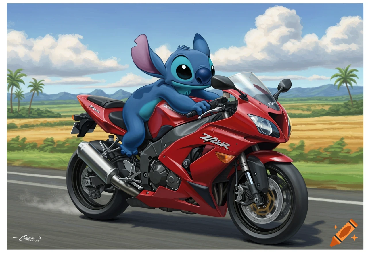 Stitch from Lilo and Stitch riding a red Kawasaki motorcycle on a road ...