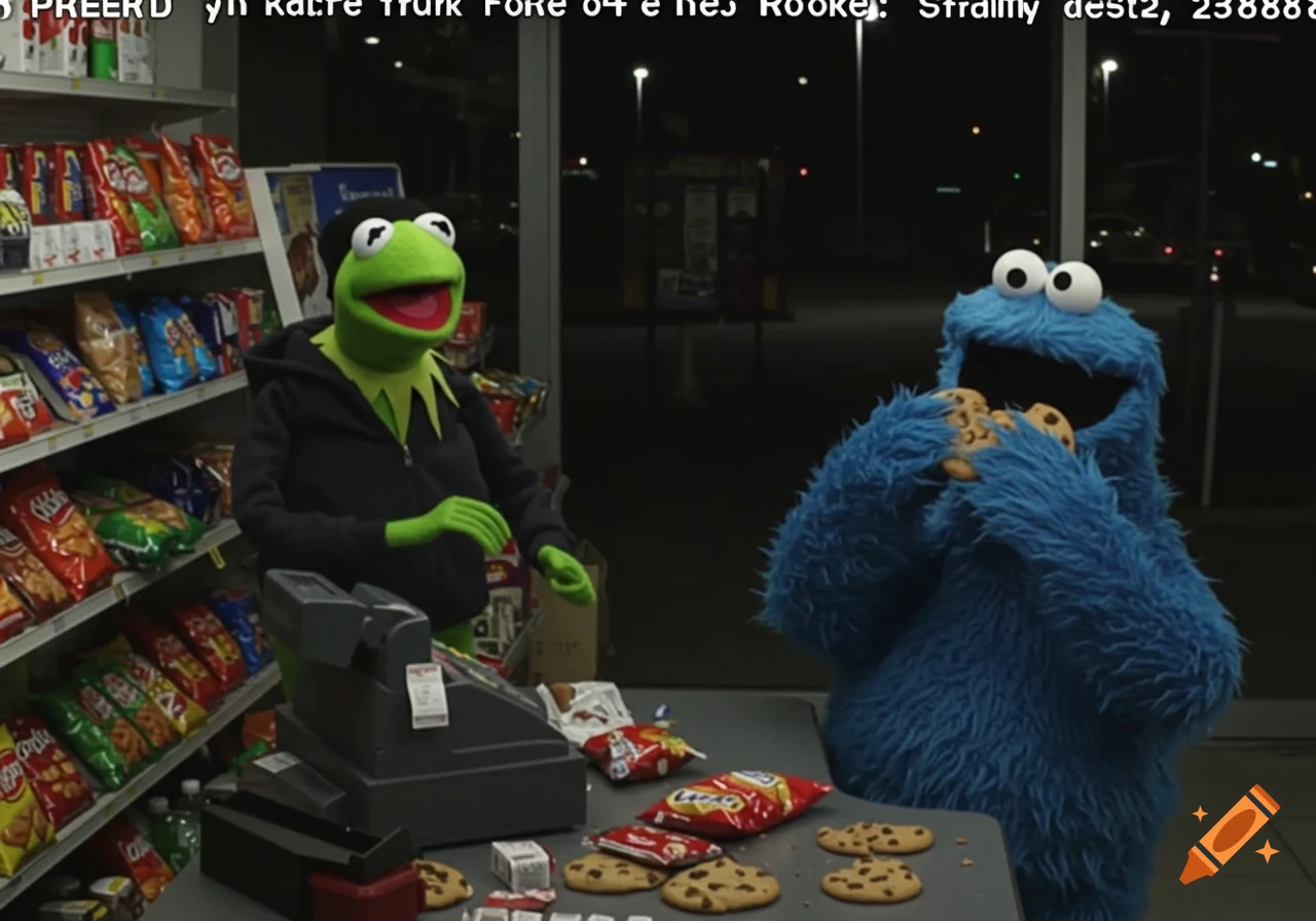 Kermit the Frog and Cookie Monster at a gas station counter in CCTV ...