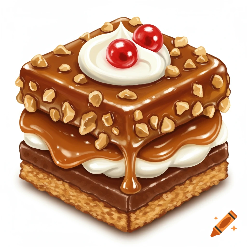 A square multi-layer dessert with caramel glaze, nuts, whipped cream ...