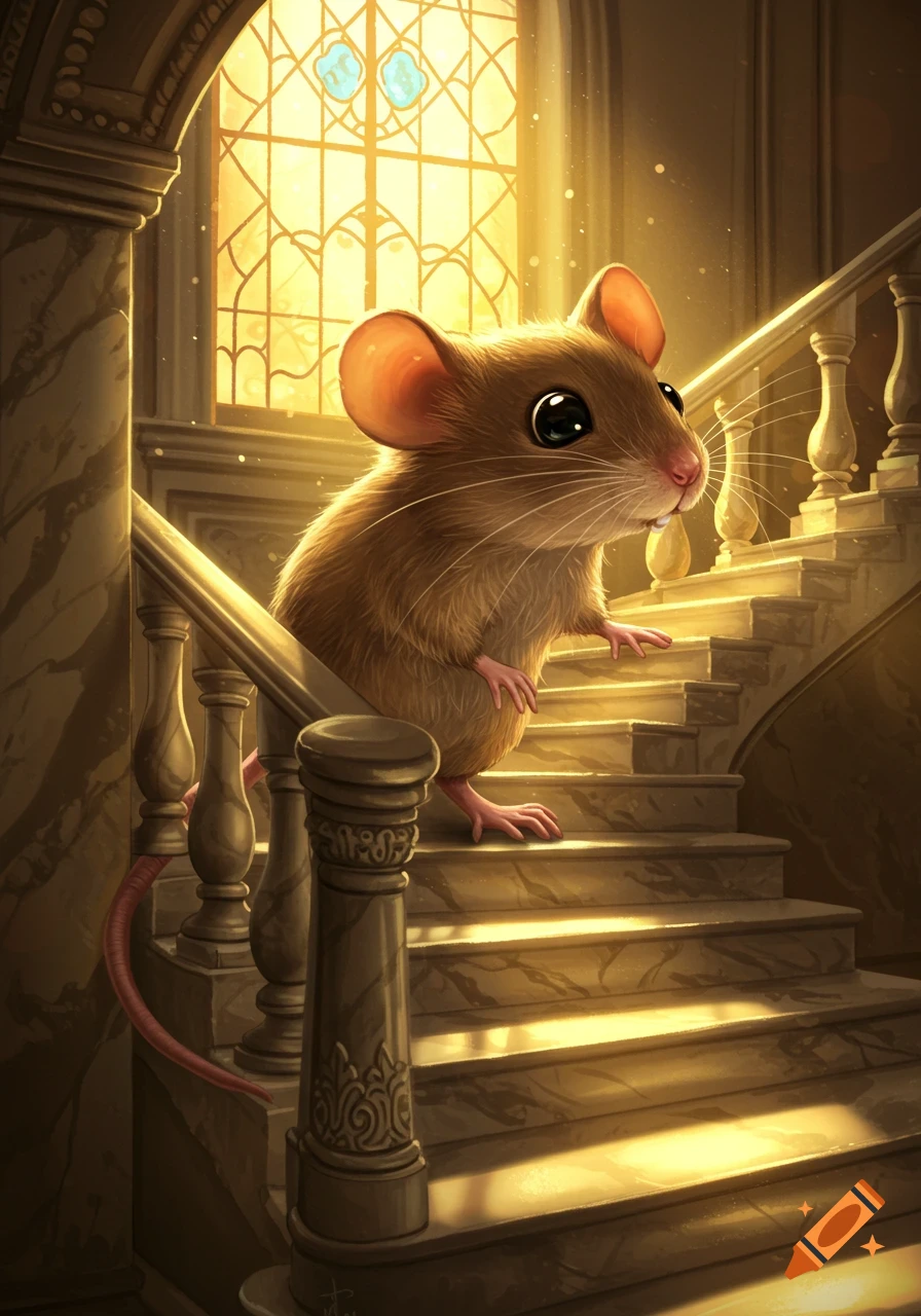 A cute mouse climbs sunlit marble stairs inside a grand building with a ...