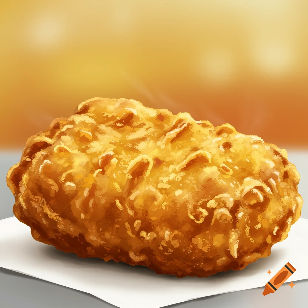 A close-up, detailed illustration of a single golden-brown fried chicken nugget on a white ...