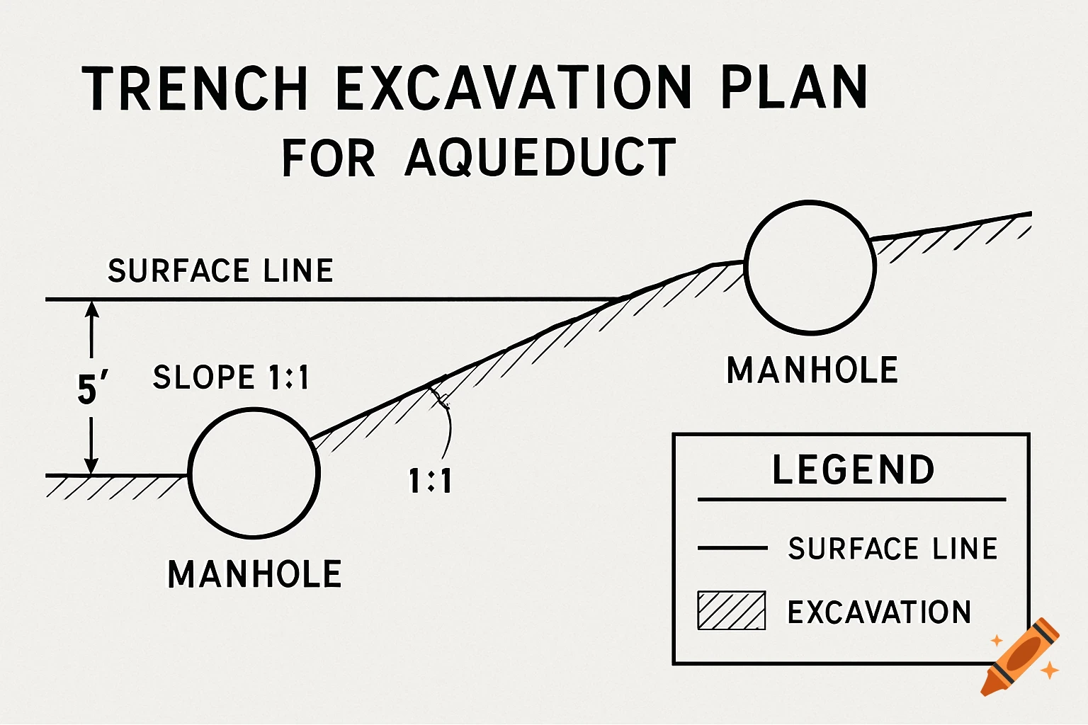 Line drawing of a trench excavation plan for an aqueduct, showing depth ...
