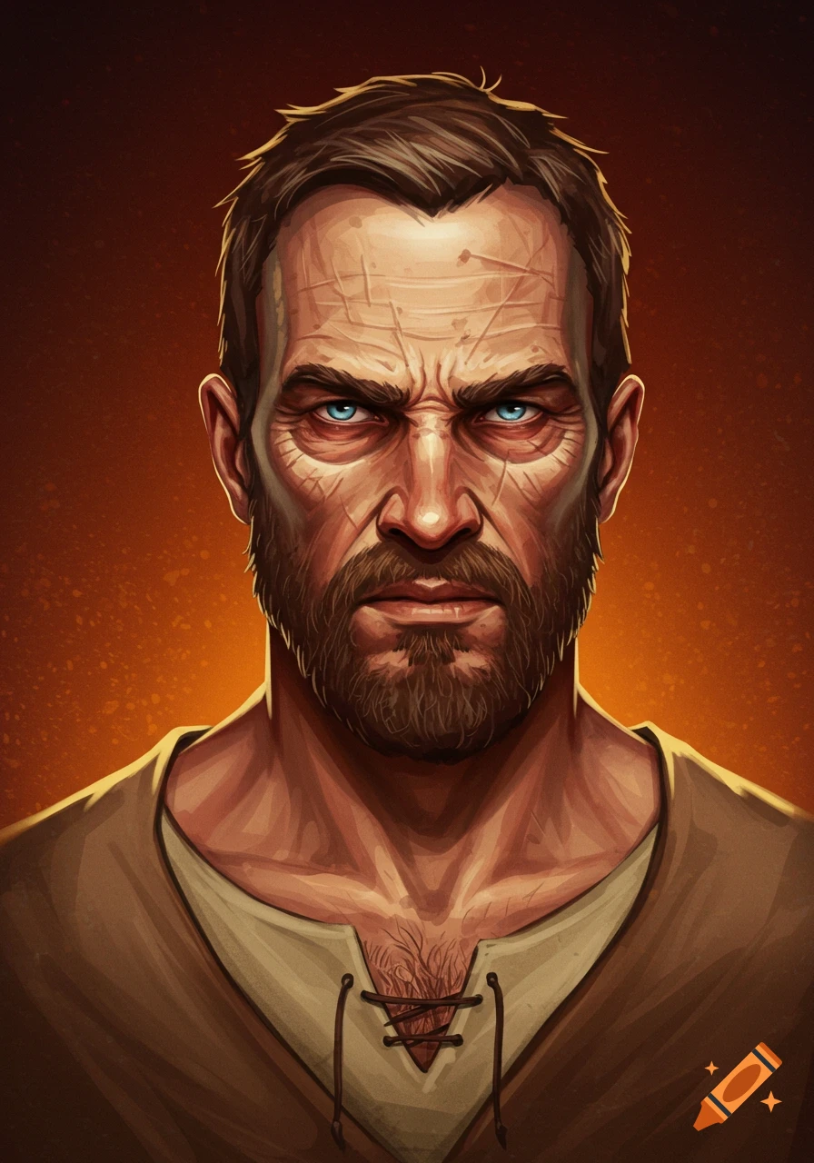 Illustration of a stern man with blue eyes, beard, and scars, in a ...