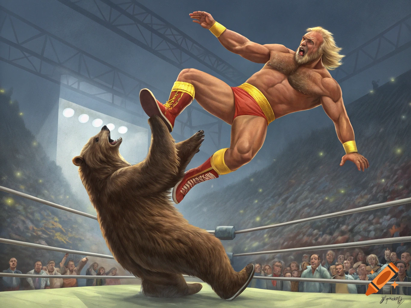 Illustration of Hulk Hogan leg dropping a bear in a wrestling ring. on ...