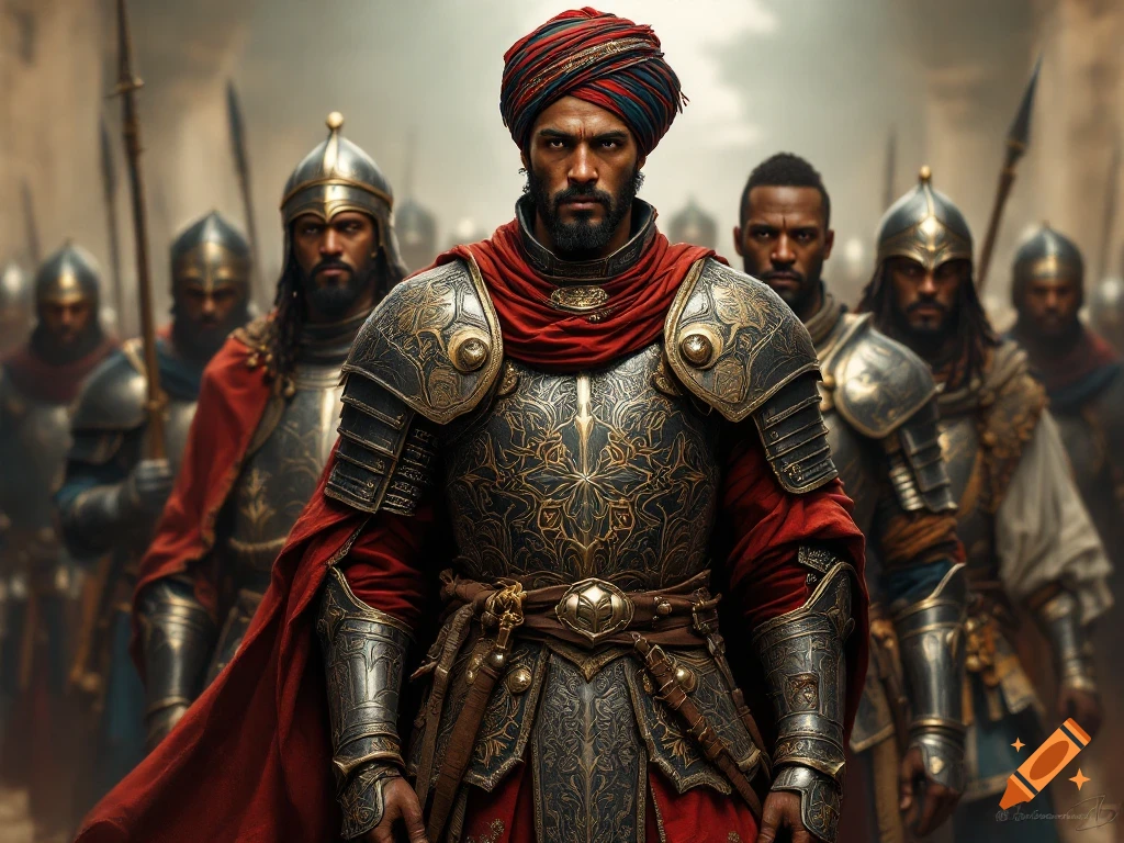A commanding Moorish general in ornate armor stands at the front of a ...