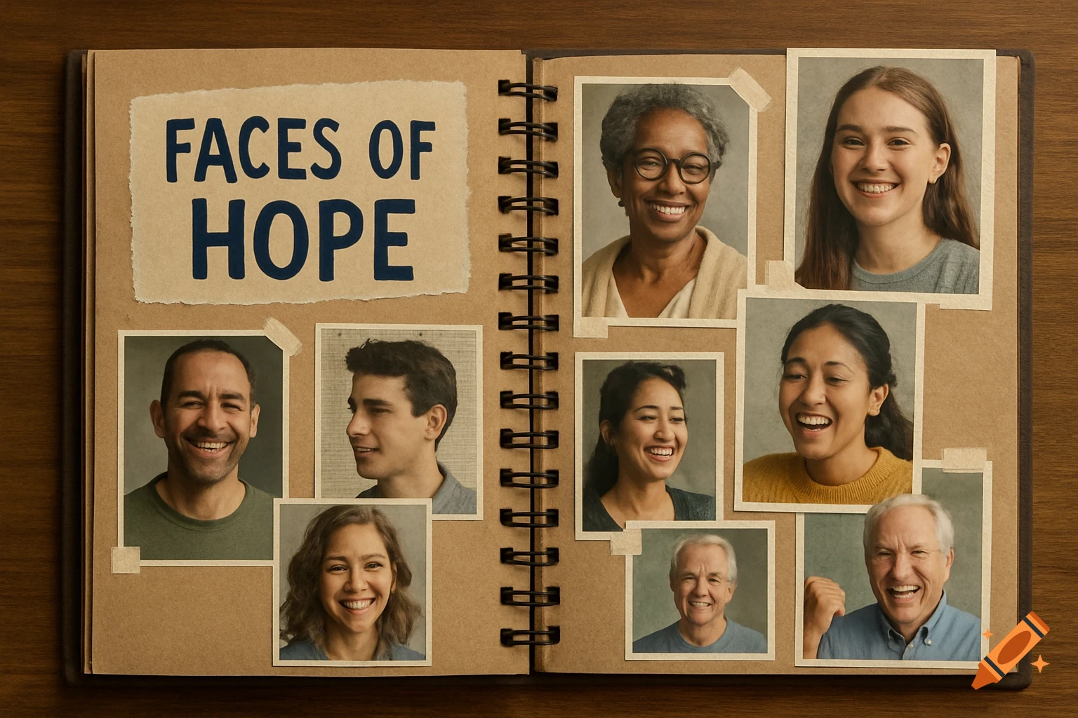 A scrapbook titled "FACES OF HOPE" filled with portraits of smiling ...