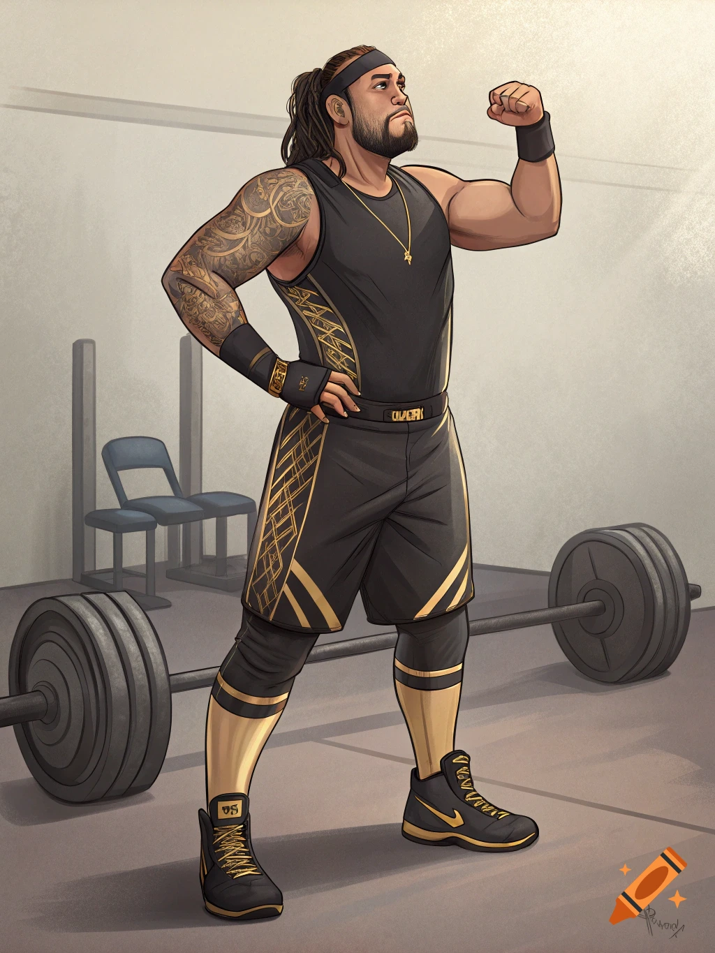 Illustration of a muscular wrestler in black and gold workout gear ...