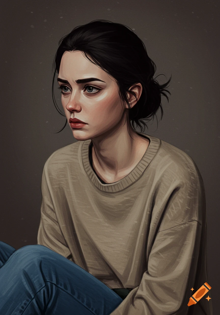 Stylized portrait of a young woman with dark hair in a bun, wearing a beige sweater, looking ...